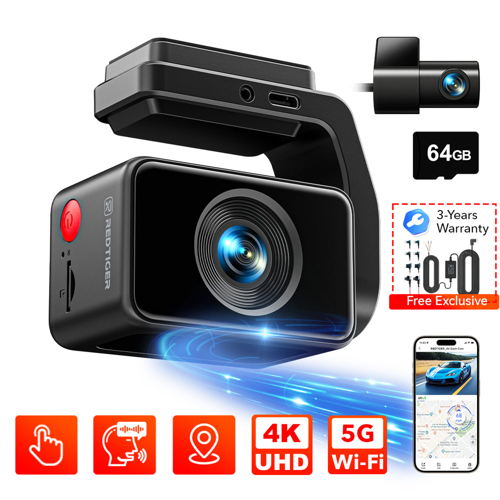Redtiger A4 4K+1080P 5.8GHz WIFI Voice Control Dash Cam