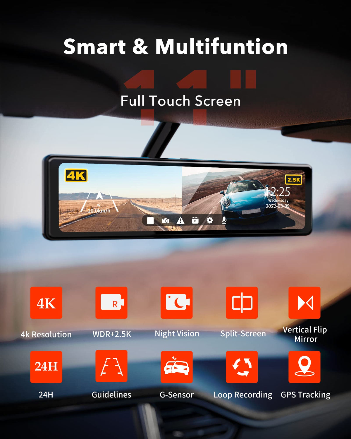 Redtiger T27 4K+2.5K Touchscreen Smart Parking Assist Dash Cam